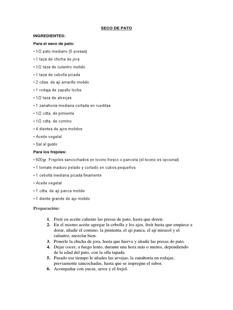 Receta de Seco de Pato Peruano | PDF | Postres | Preparación de comida ...