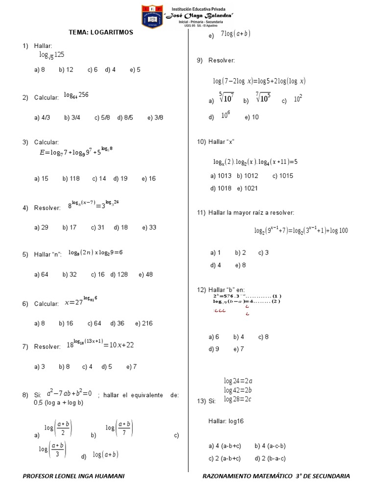 Logaritmos 3º Sec - RM | PDF