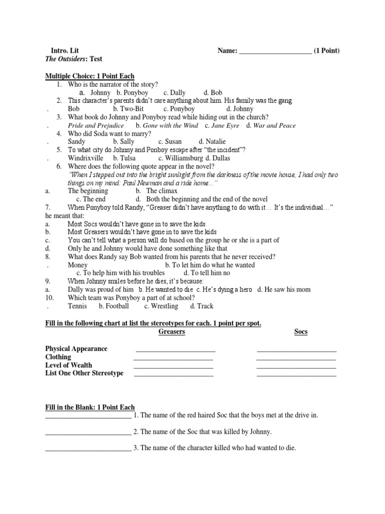 The Outsiders Test and Study Guide | PDF | Novels