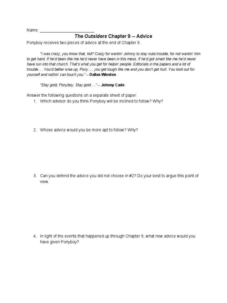 Ch. 9 Outsiders Worksheet | PDF