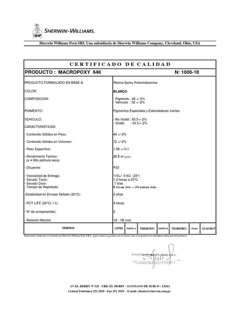 Certificado de calidad para el producto de pintura epóxica Macropoxy ...