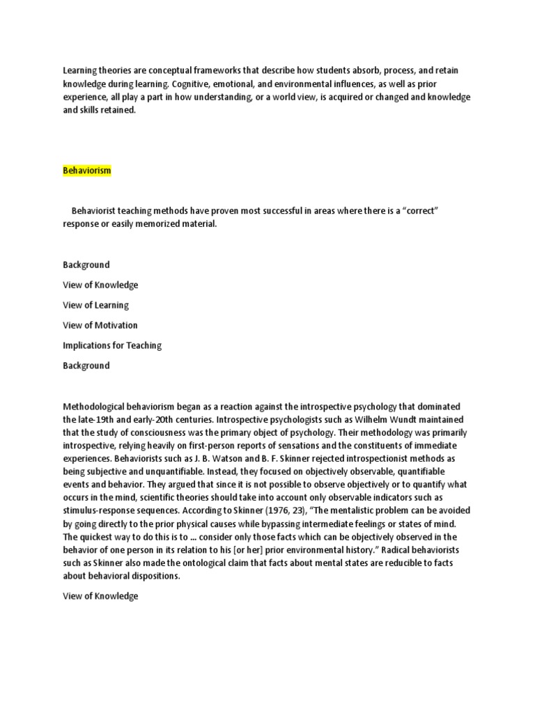 Theoretical Framework Pdf Constructivism Philosophy Of Education Behaviorism