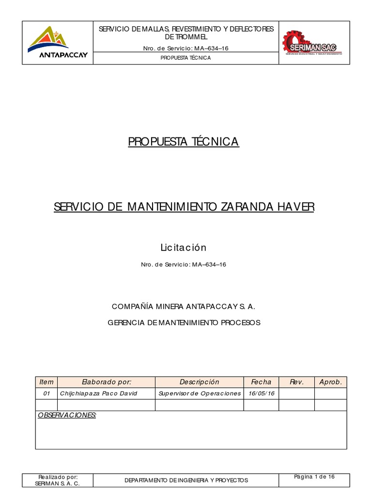 3.-PTSER - MA-634-16 Zaranda Haver Rev.1 PDF | PDF | Residuos | Soldadura