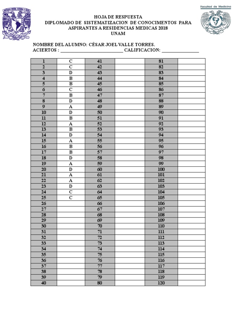 Hoja de Respuestas Examen Diplomador Unam | PDF