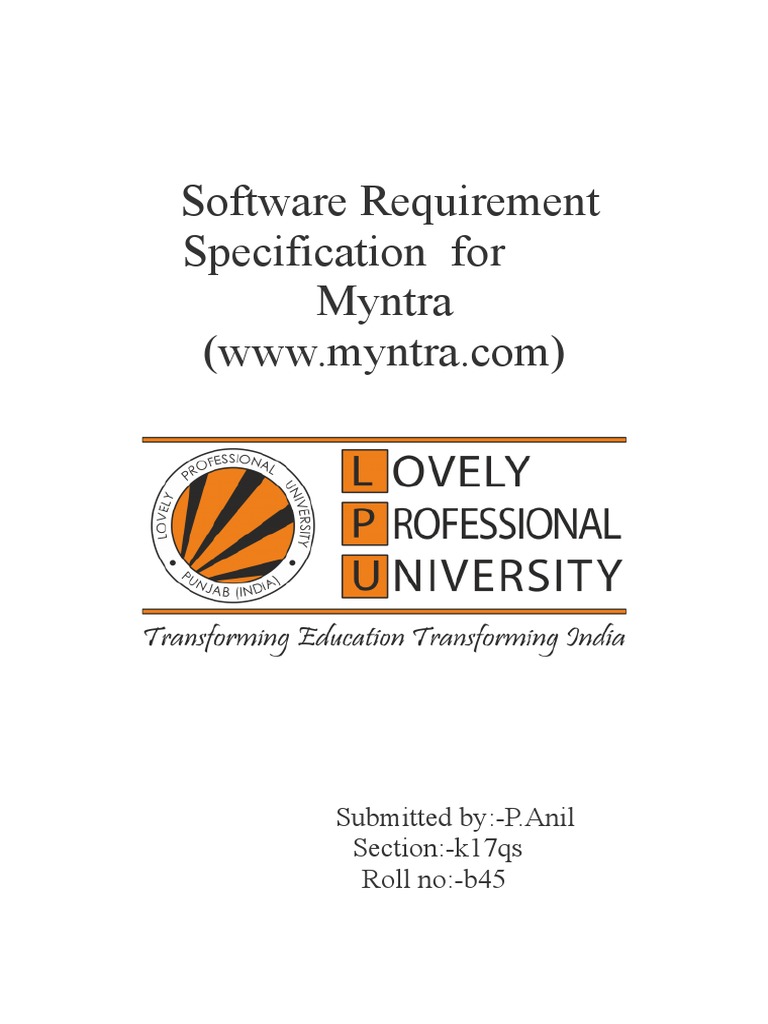 Software Requirement Specification For Myntra: Submitted by:-P.Anil Section:-K17qs Roll No:-B45 ...