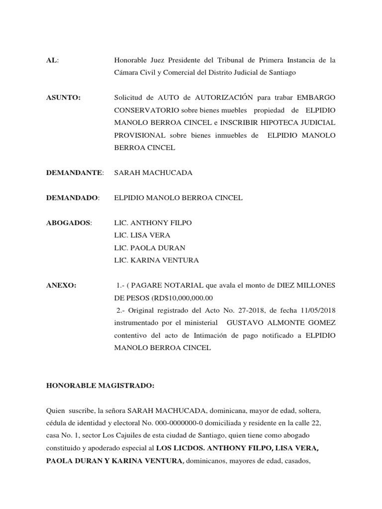 Solicitud de Embargo Conservatorio | PDF | Pagos | Gobierno