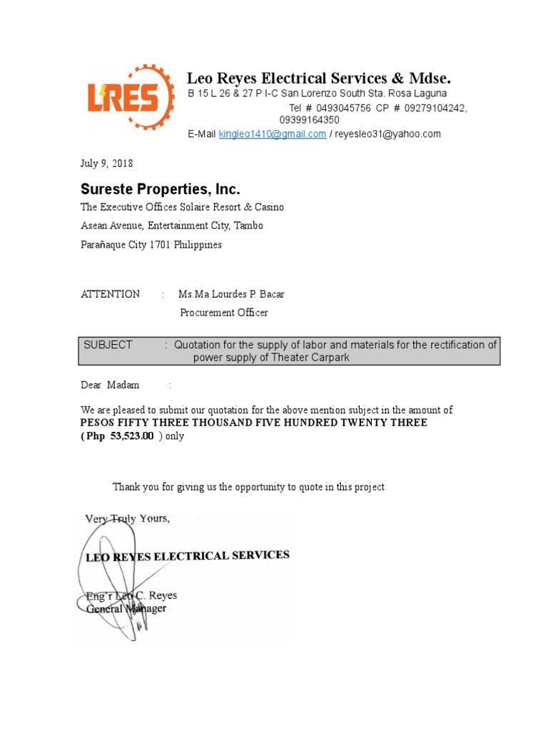 Lres Electrical-Sample Quotation Form | PDF