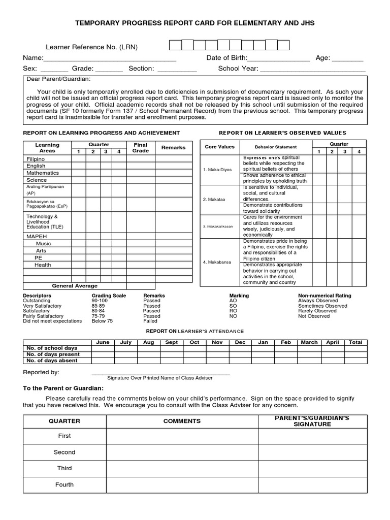 Temporary Progress Report Card For Elementary and Jhs 2 | PDF | Learning | Behavior Modification