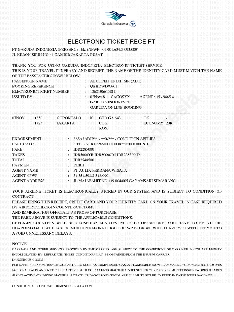 Garuda Indonesia Electronic Ticket Receipt | PDF | Dangerous Goods ...