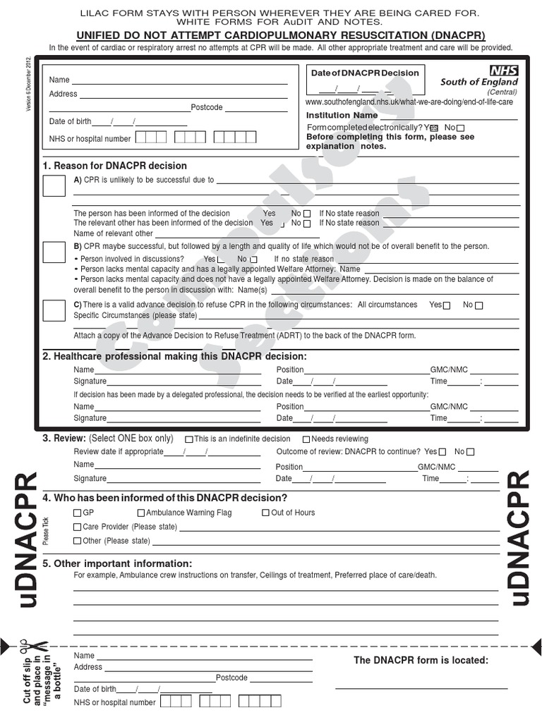 Unified Do Not Attempt Cardiopulmonary Resuscitation (Dnacpr) | PDF ...