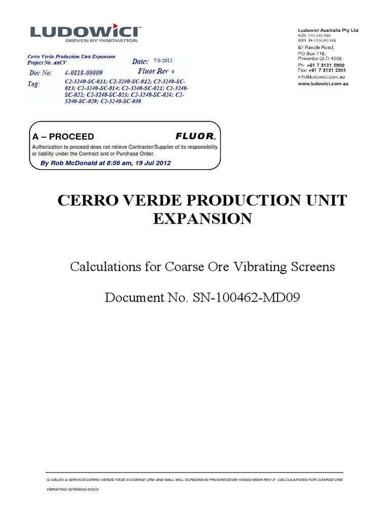 Cerro Verde Production Unit Expansion: Calculations For Coarse Ore Vibrating Screens Document No ...