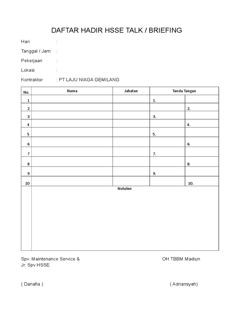 Daftar Hadir Hse Talk | PDF