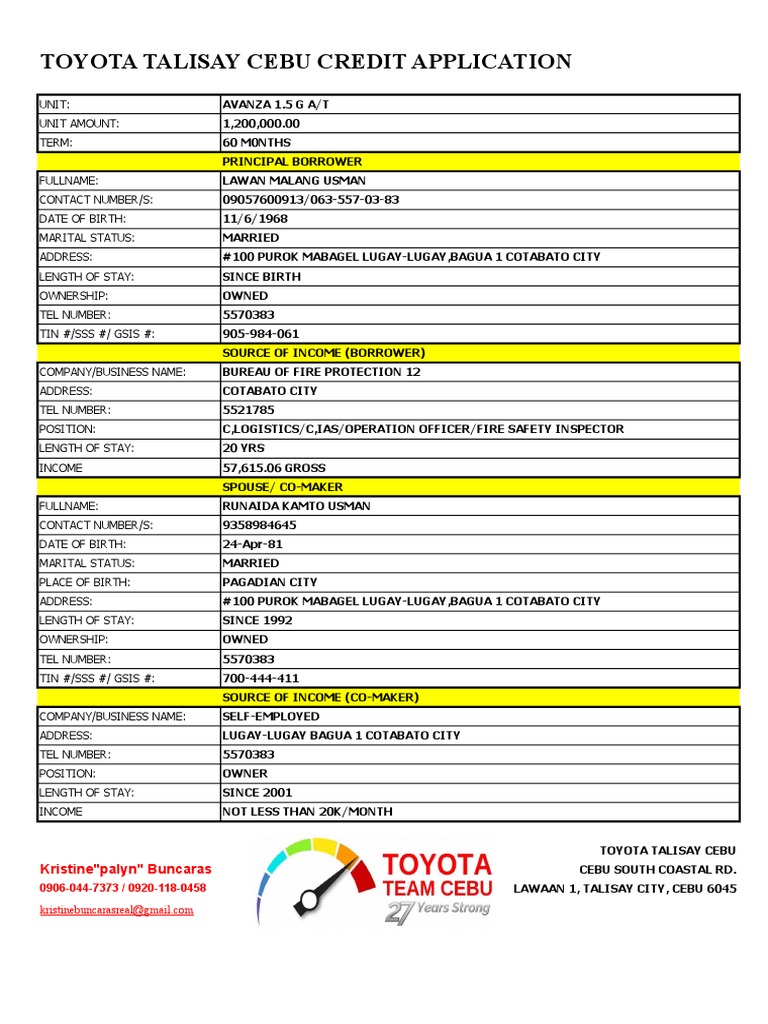 Toyota Talisay Car Financing Application Form | PDF | Business