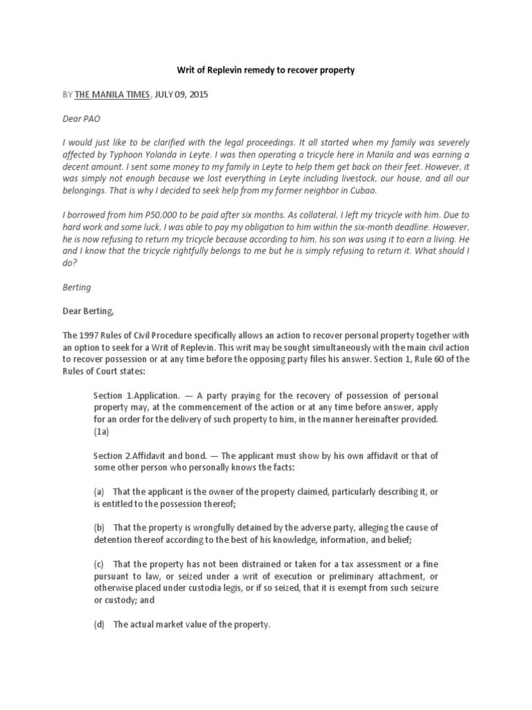 Writ of Replevin Remedy To Recover Property | PDF | Private Law ...