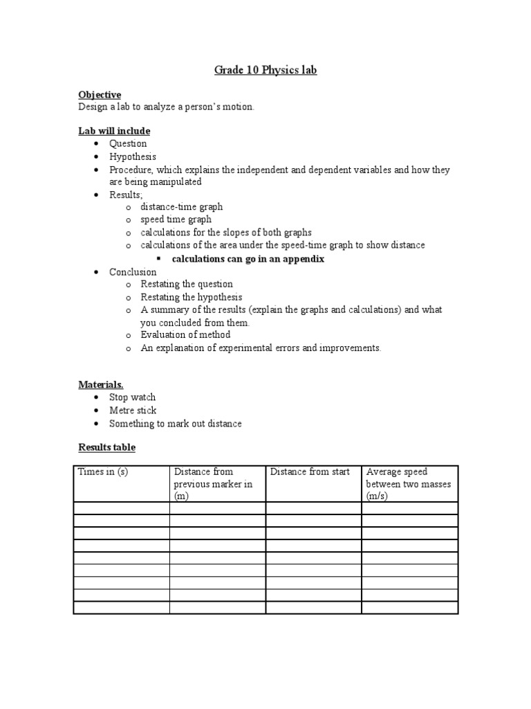Grade 10 Physics Motion Lab Guide | PDF
