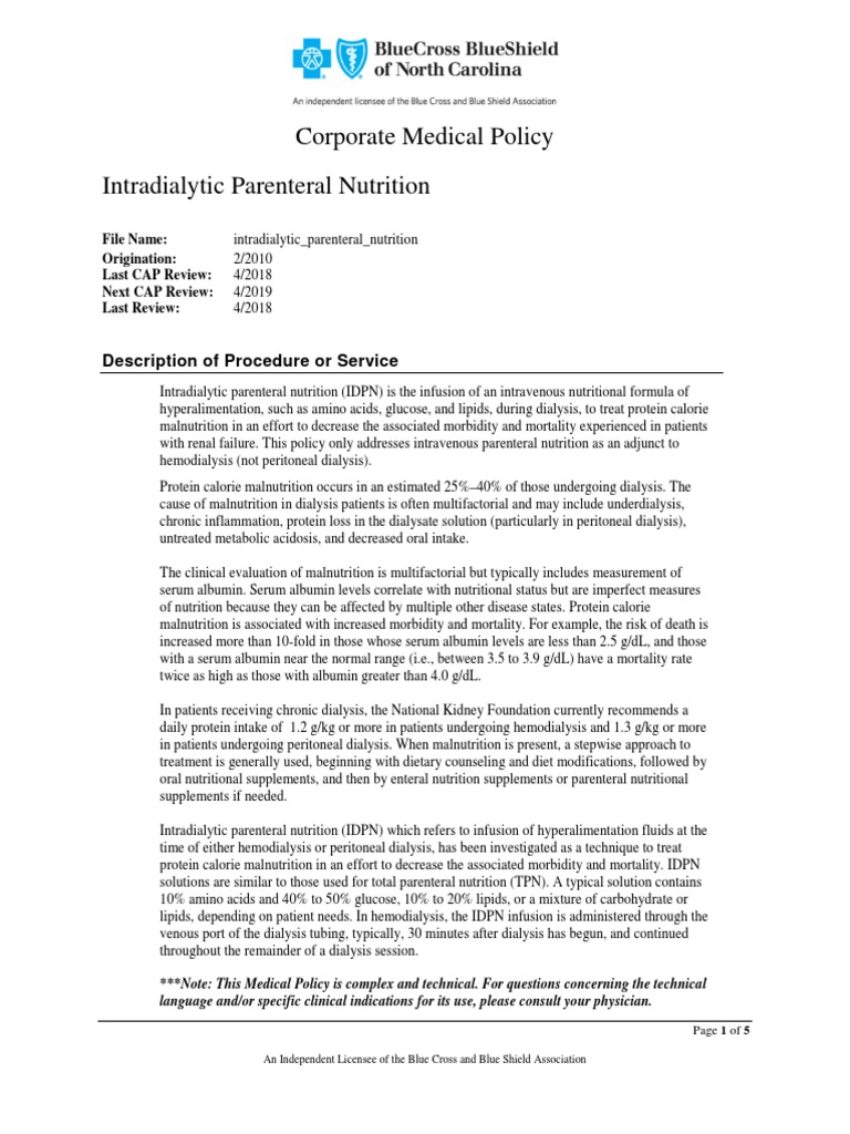 Intradialytic Parenteral Nutrition PDF | PDF | Hemodialysis | Nutrition