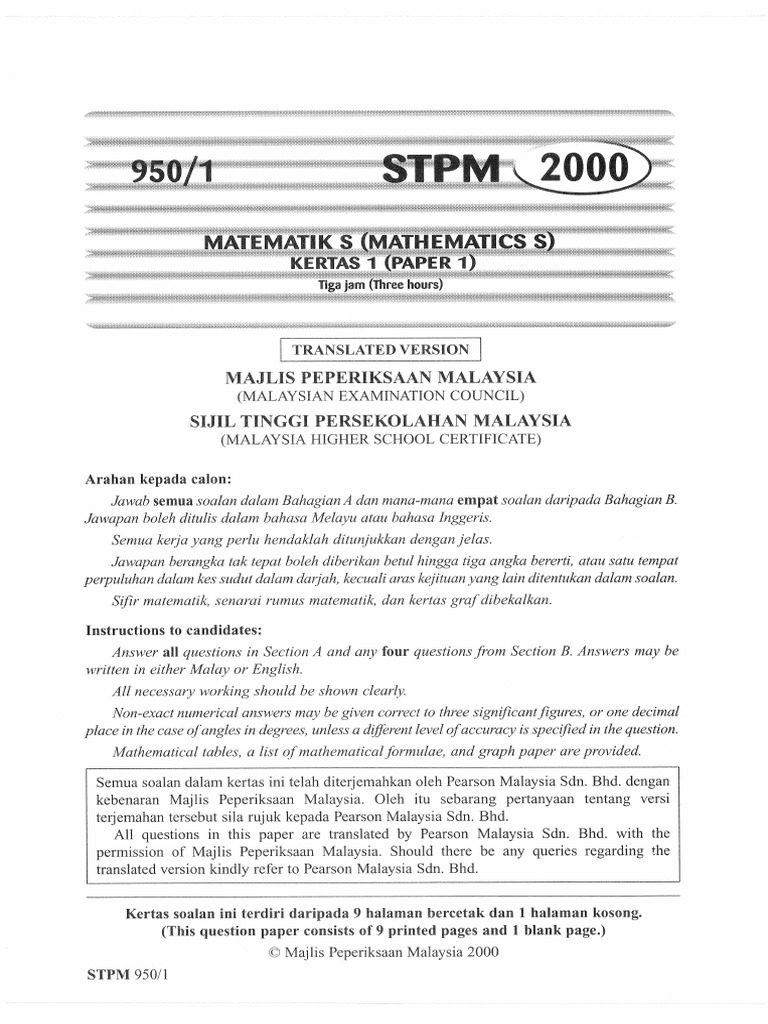 STPM 2000 Mathematics S Paper 1 | PDF