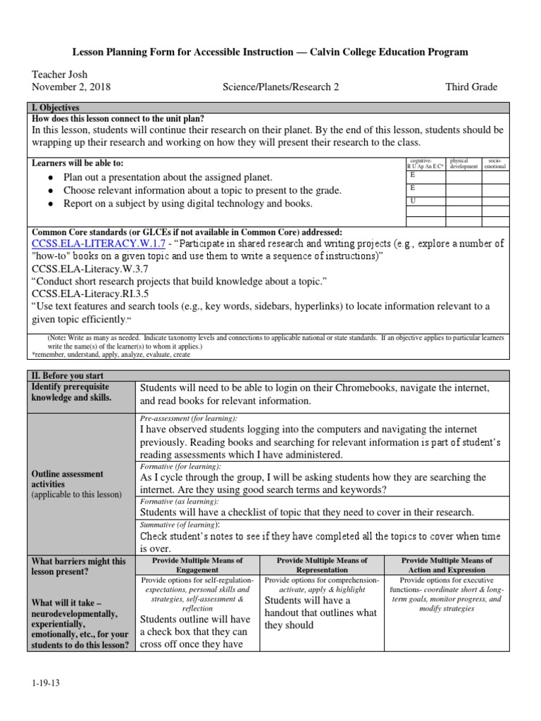Montessori Planet Research Lesson Plan | PDF | Planets | Reading ...