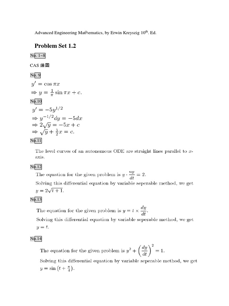 Problem Set 1.2: Advanced Engineering Mathematics, by Erwin Kreyszig 10 - Ed | PDF