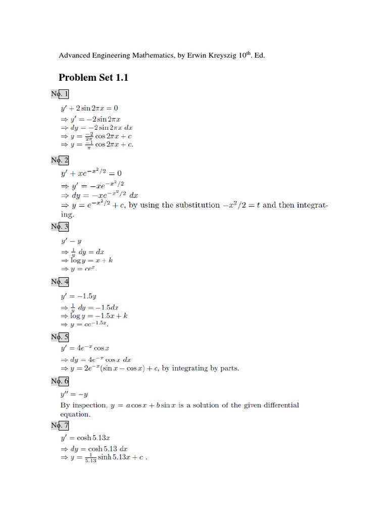 Problem Set 1.1: Advanced Engineering Mathematics, by Erwin Kreyszig 10 ...