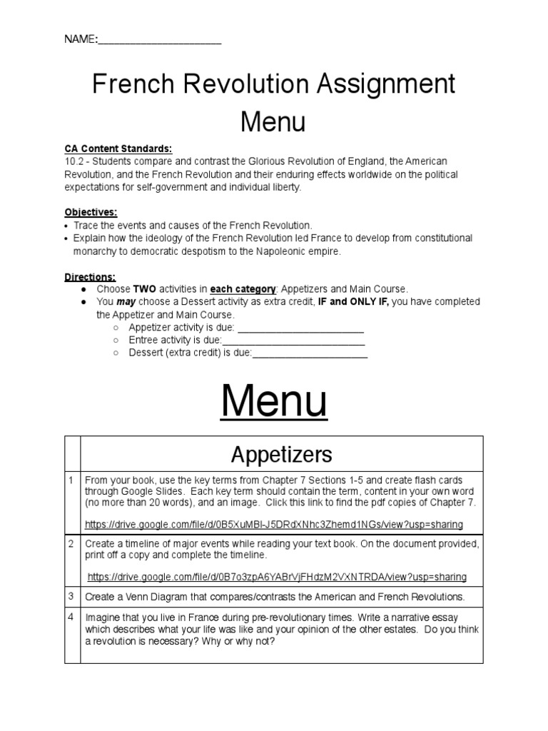 French Revolution Assignment Menu: Appetizers | PDF | French Revolution ...