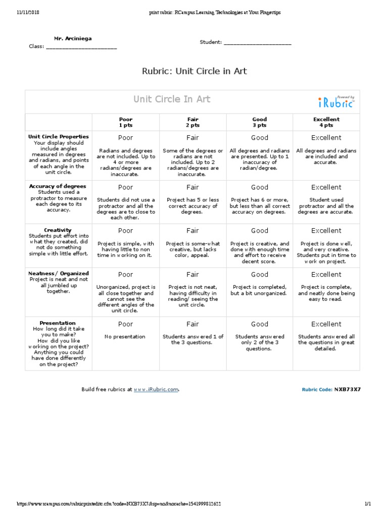 Art Class Unit Circle Rubric | PDF | Scientific Observation | Teaching ...