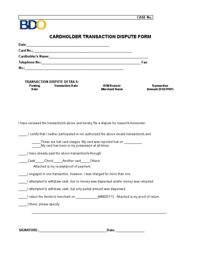 Cardholder Transaction Dispute Form | PDF | Finance & Money Management