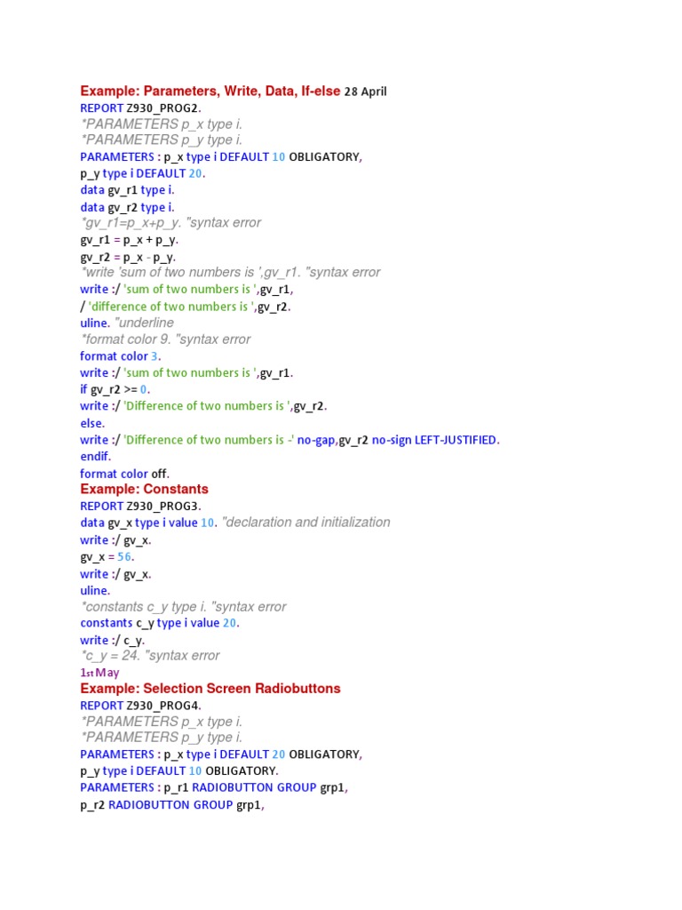 Basic Program in Abap | PDF | Parameter (Computer Programming) | Data Type Basic Program in Abap | PDF | Parameter (Computer Programming) | Data Type