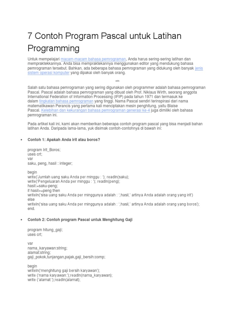 7 Contoh Program Pascal Untuk Latihan Programming | PDF