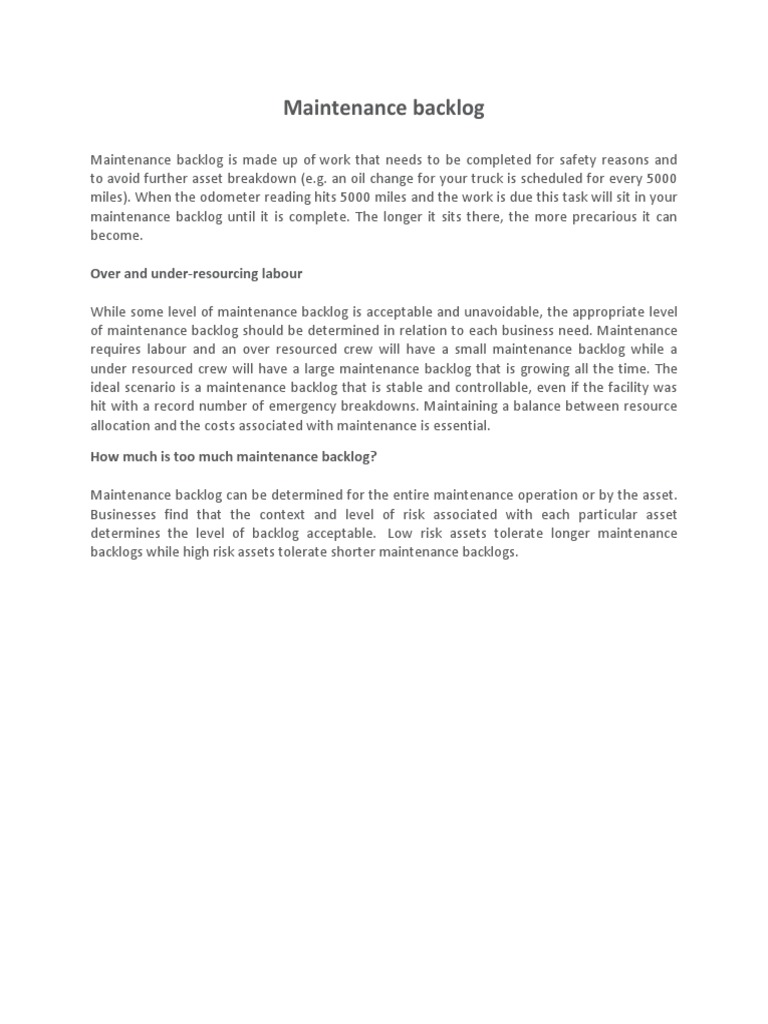 Maintenance Backlog | PDF | Risk | Audit