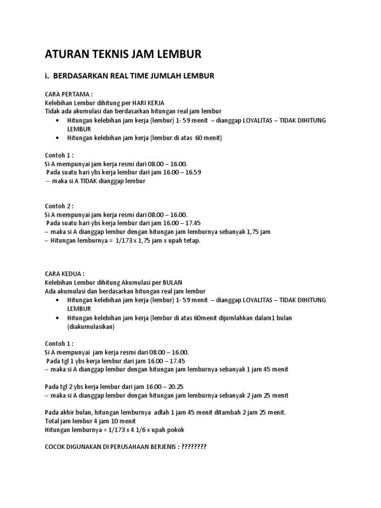 Aturan Teknis Jam Lembur | PDF