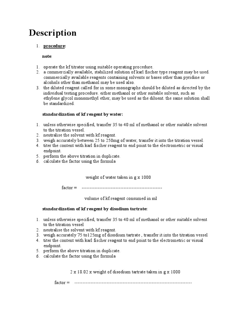 Description KF | PDF | Titration | Chemistry