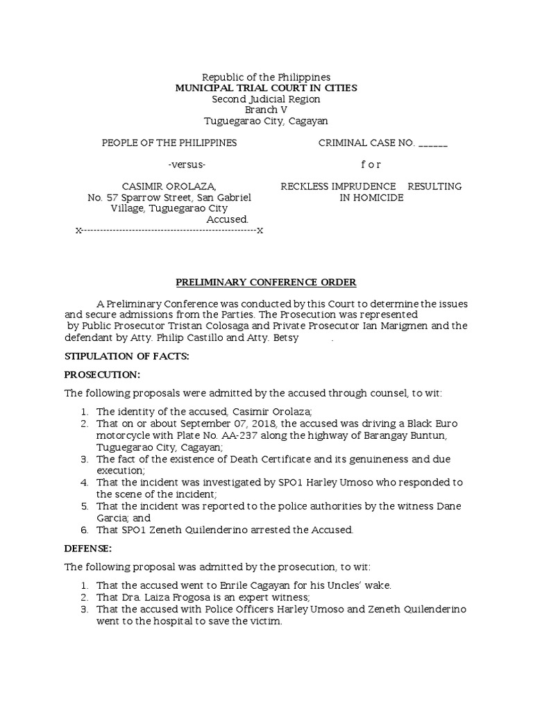 Preliminary Conference Order | PDF | Prosecutor | Judiciaries