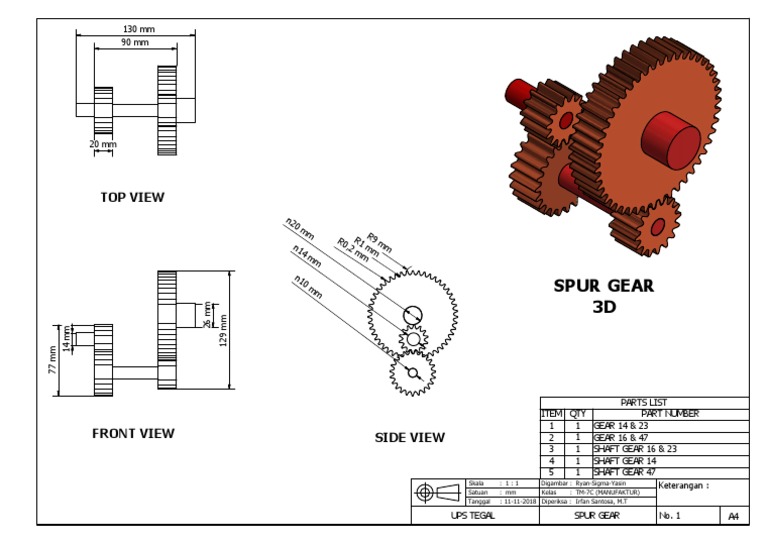 Dimensional Drawings and Parts List for a Three-Gear Spur Gear Assembly ...