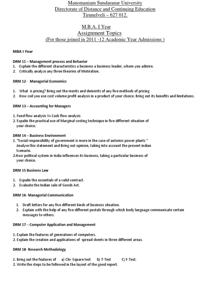 MBA Assignment Topics 2011-12 | Strategic Management | Marketing