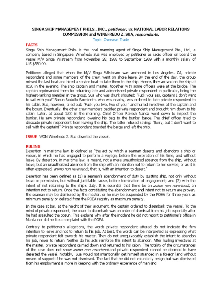 SINGA SHIP MANAGEMENT PHILS Vs NLRC | PDF