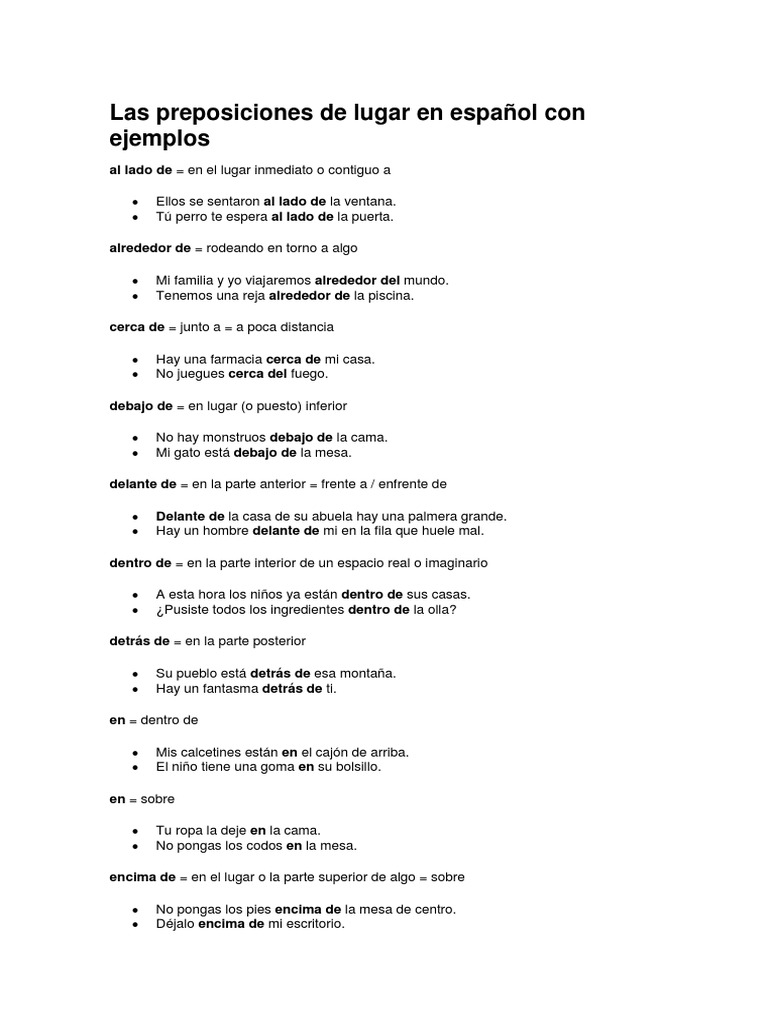 Las Preposiciones de Lugar en Español Con Ejemplos | PDF | Ocio