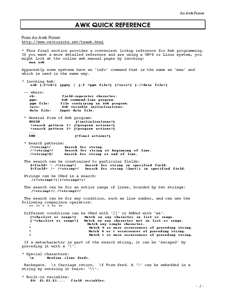 Awk Quick Ref | PDF | Control Flow | Notation
