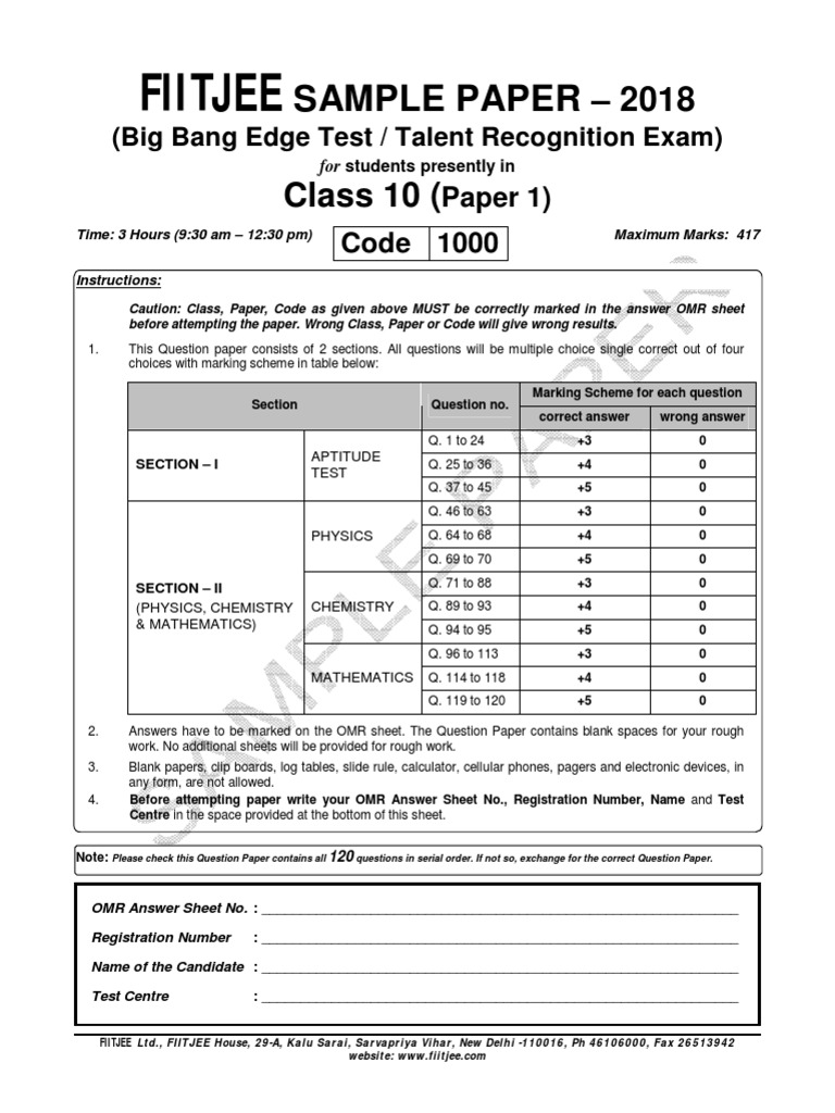 FIITJEE 2018 Class 10 Sample Paper | PDF | Electron | Chemical Reactions