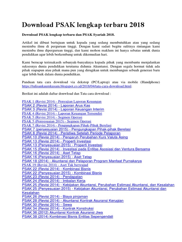 Download PSAK Lengkap Terbaru 2018