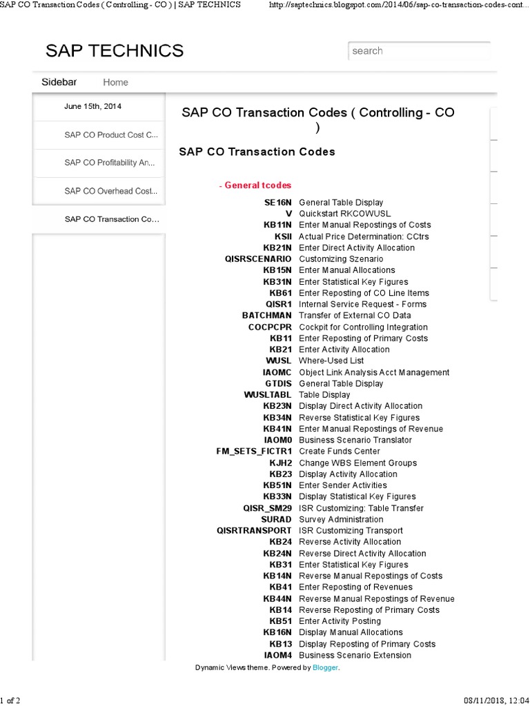 SAP CO Transaction Codes | PDF | Information Technology Management ...