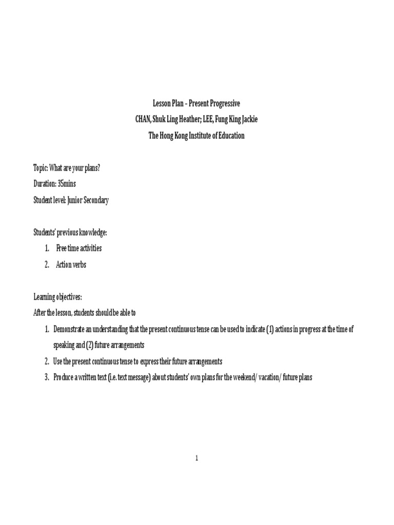Lesson Plan Present Progressive Tense Junior Secondary | PDF ...