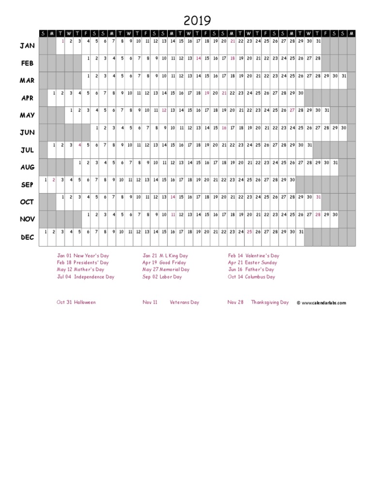 2019 Excel Yearly Calendar 23 | PDF