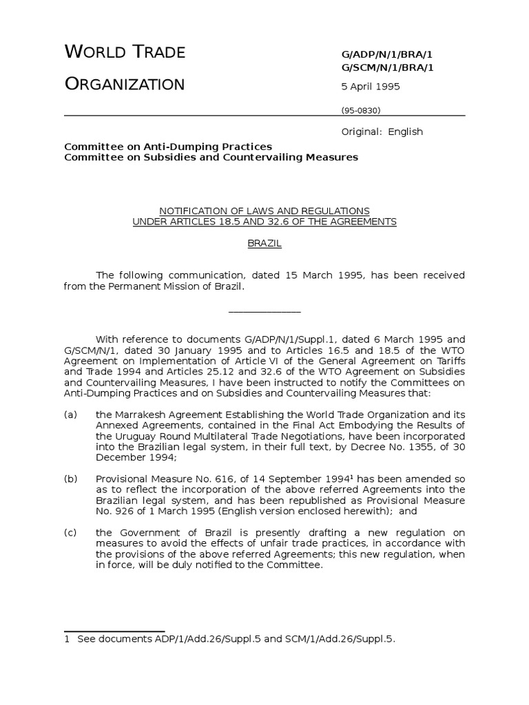 WTO Brazil Notification Anti-Dumping Laws 1995 | PDF | Dumping (Pricing Policy) | World Trade ...
