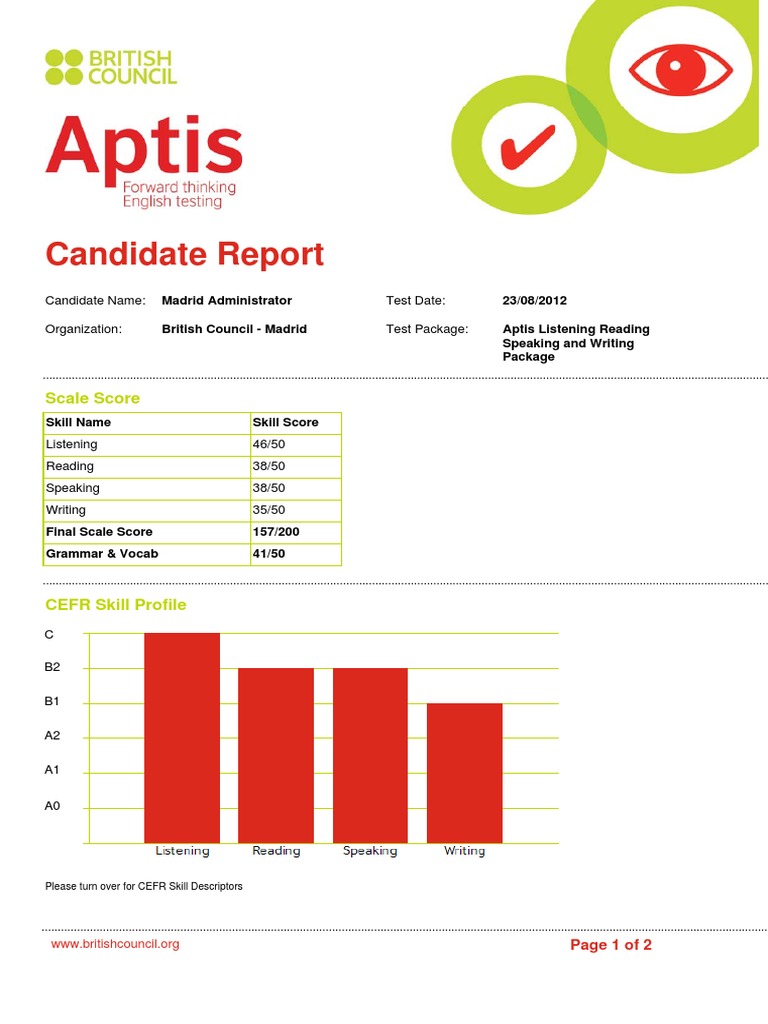 APTIS Candidate Report PDF | PDF | Speech | Reading (Process)