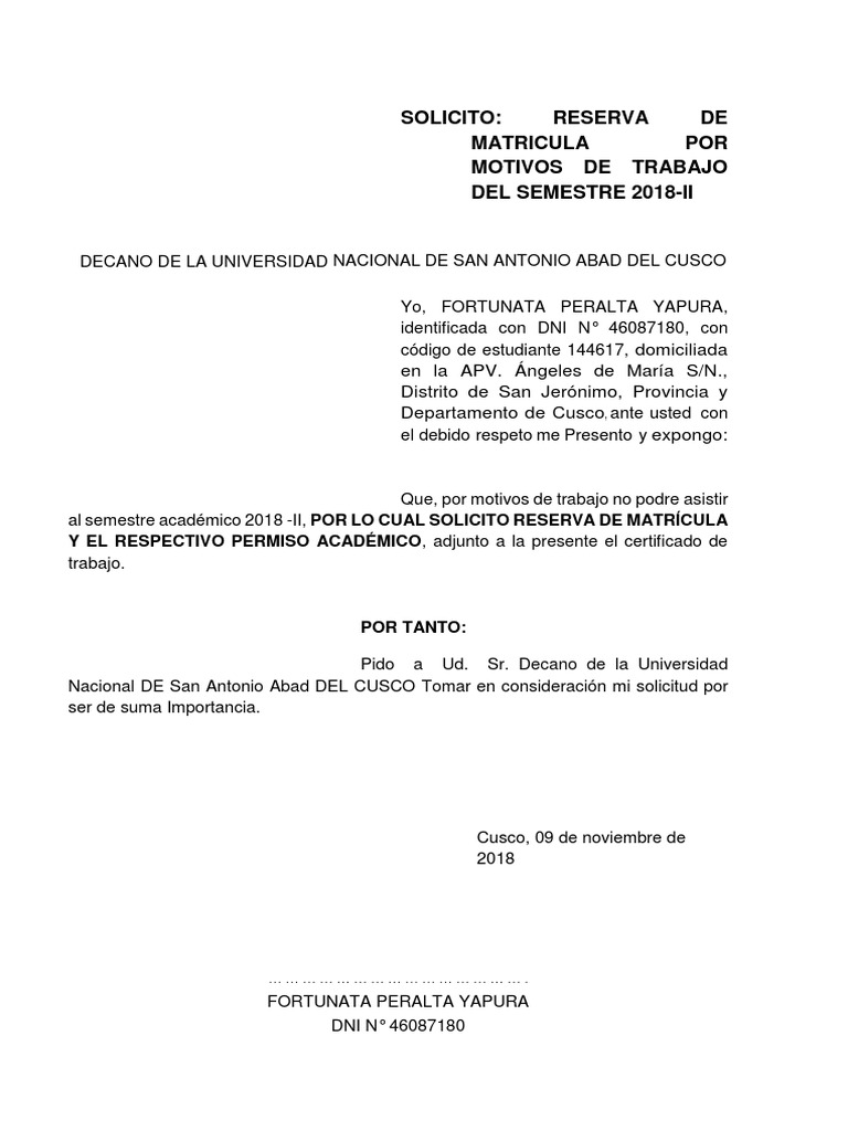 Solicitud de Reserva de Matrícula 2018-II | PDF