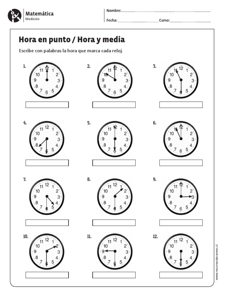Hojas De Trabajo Para Decir La Hora En Punto Y La Media Hora Hojas De