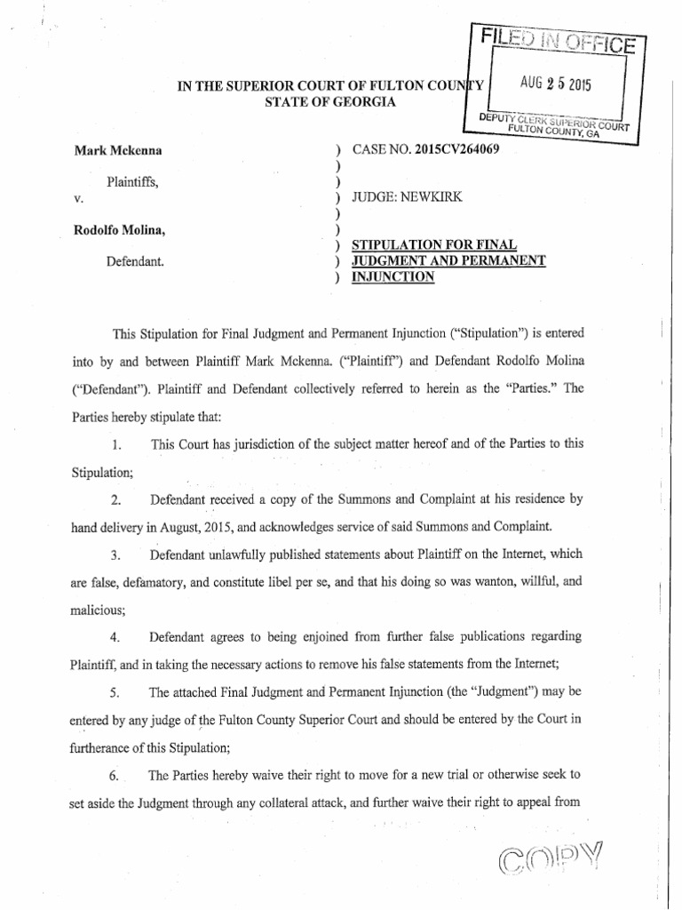 Mark McKenna v. Rodolfo Molina - Stipulation For Final Judgment and ...
