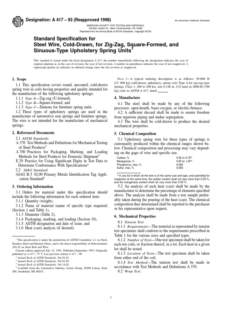 ASTM-A417 - (Colchão) - (Borda Perimetral) - (Parâmetros Químicos e Mecânicos) PDF | PDF ...