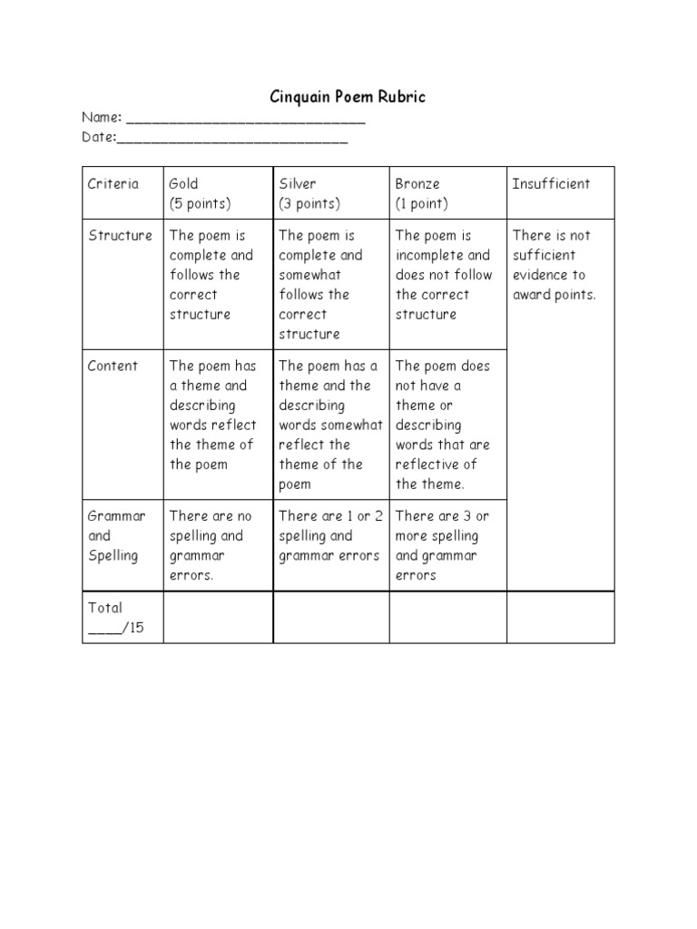 Cinquain Poem Rubric | PDF | Linguistics | Human Communication